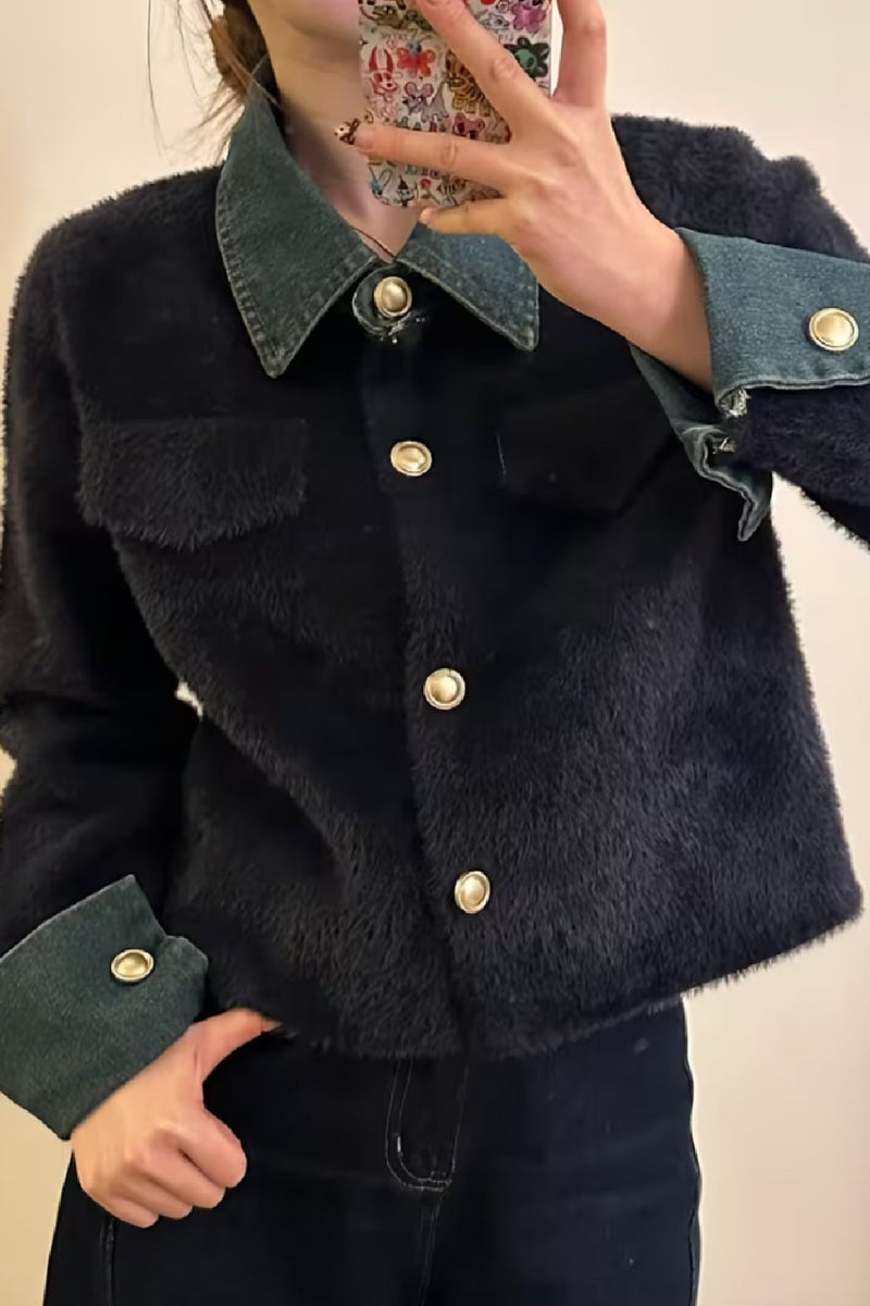 Faux Fur Cropped Jacket with Denim Collar – Shoptiques