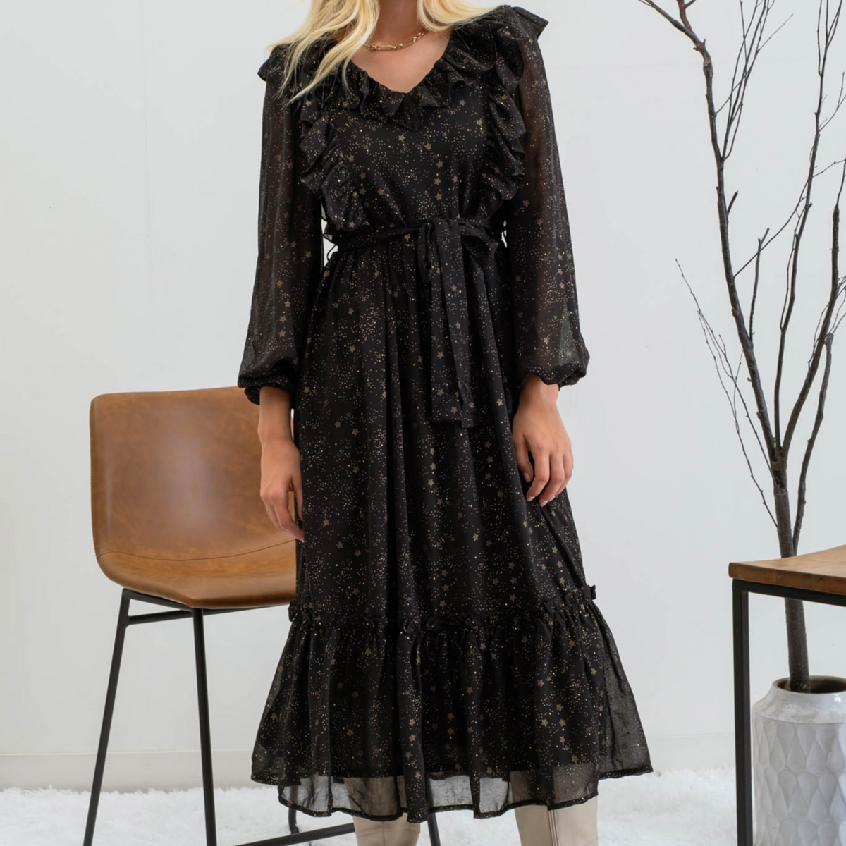 Shirred Chiffon Ruffle Midi Dress – Shoptiques