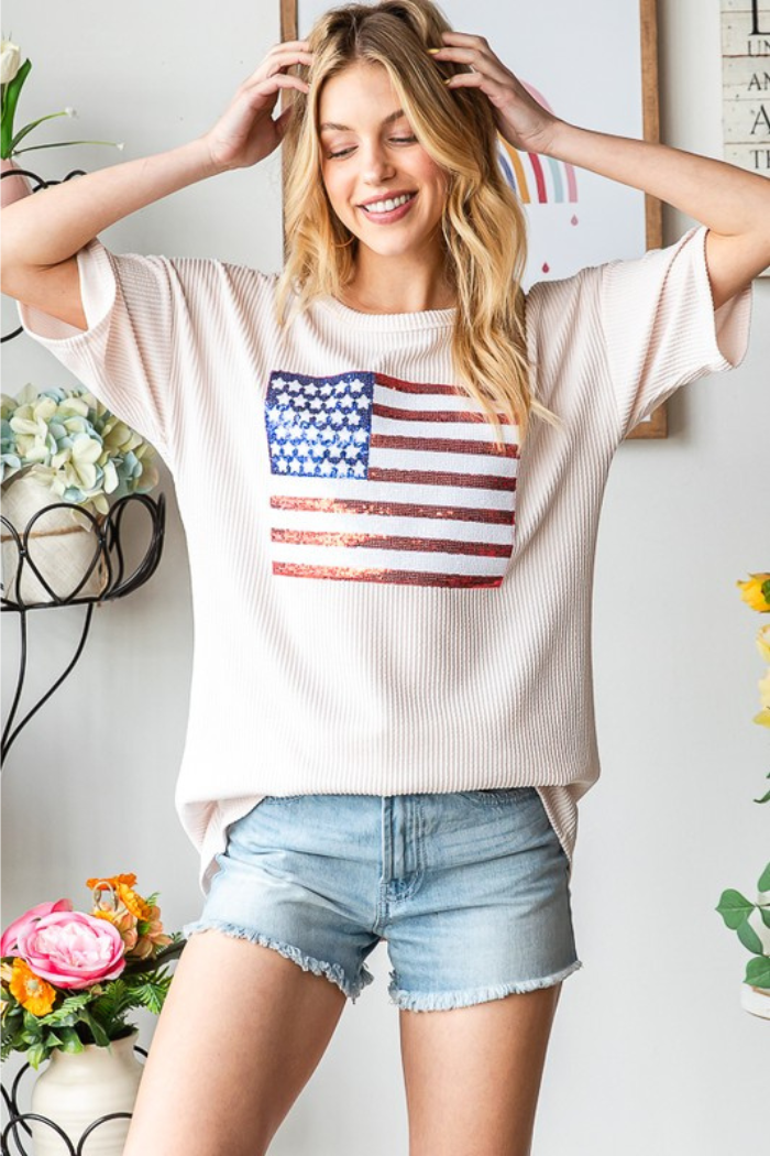 Urban Ribbed Top with Sequins Flag Patch – Shoptiques