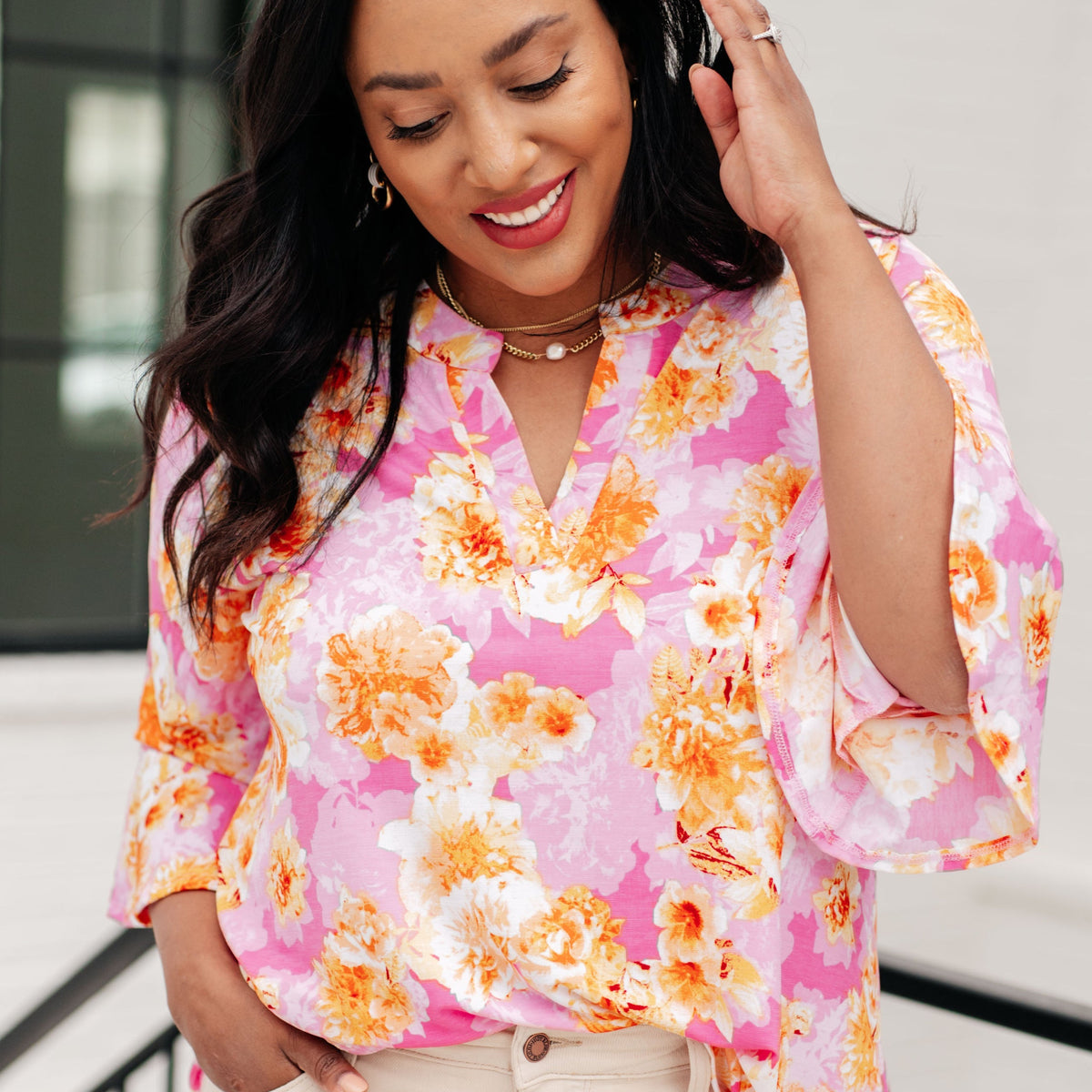 Lizzy Bell Sleeve Top in Pink and Gold Floral – Shoptiques