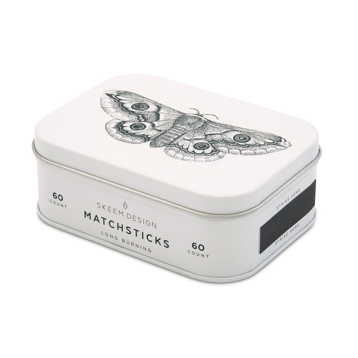 SKEEM - Moth Match Tin - 4" long x 2" wide x 1 1/2" tall - 60 white-ti ...